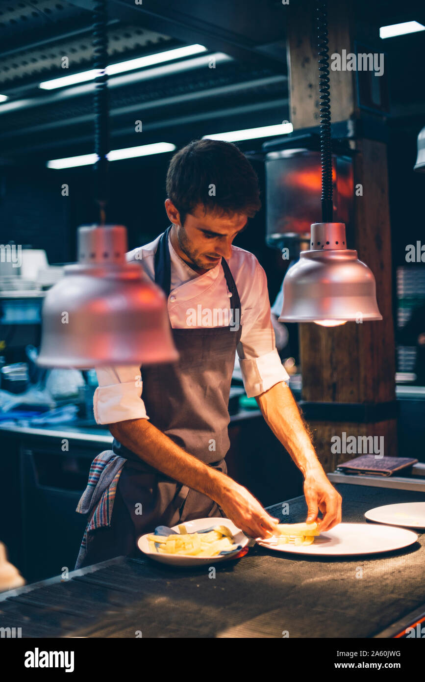 Chef serving food on plates in the kitchen of a restaurant Stock Photo ...