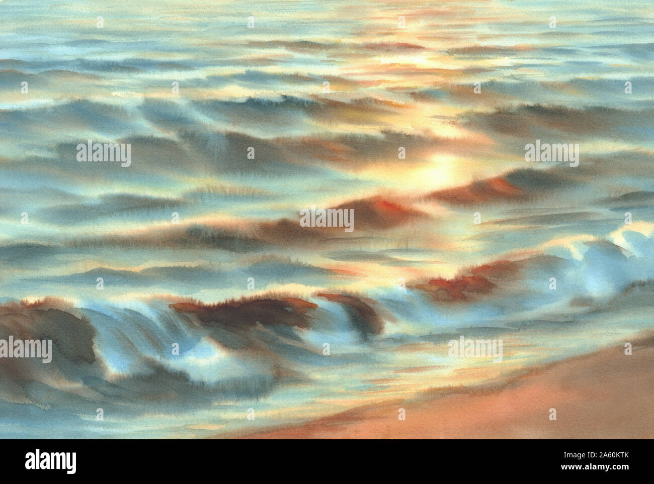 Evening colors by the sea watercolor background. Water reflections ...