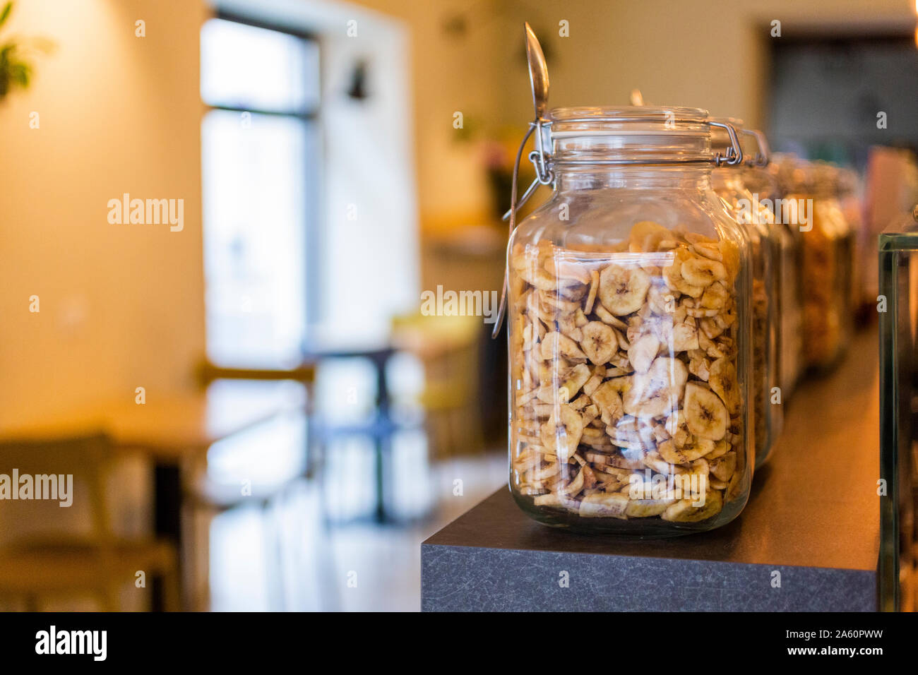 Assortment of breakfast cereals on counter in a cafe Stock Photo - Alamy