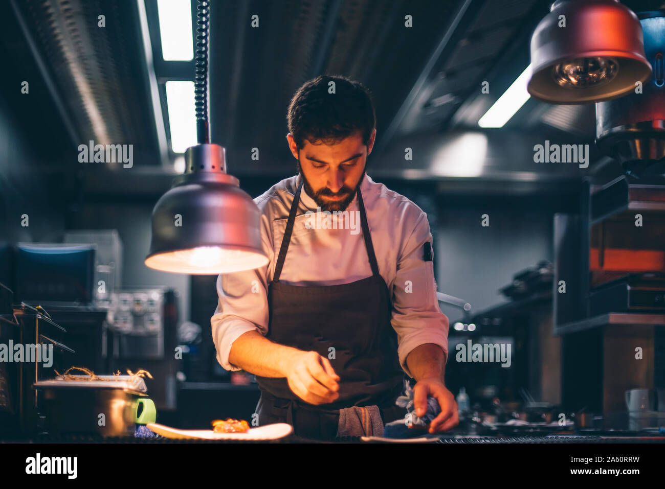 Chef serving food on plates in the kitchen of a restaurant Stock Photo ...