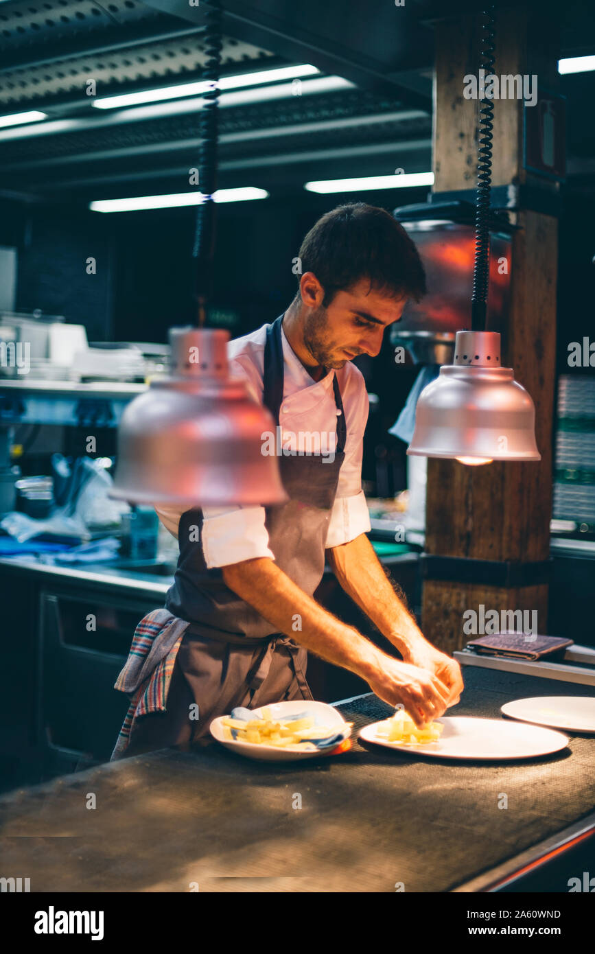 Chef serving food on plates in the kitchen of a restaurant Stock Photo ...