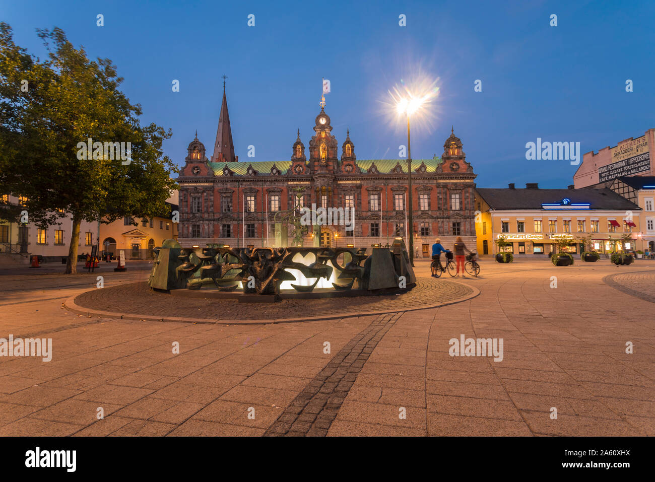 Illuminated town hall against blue sky at night in Malmo, Sweden Stock ...