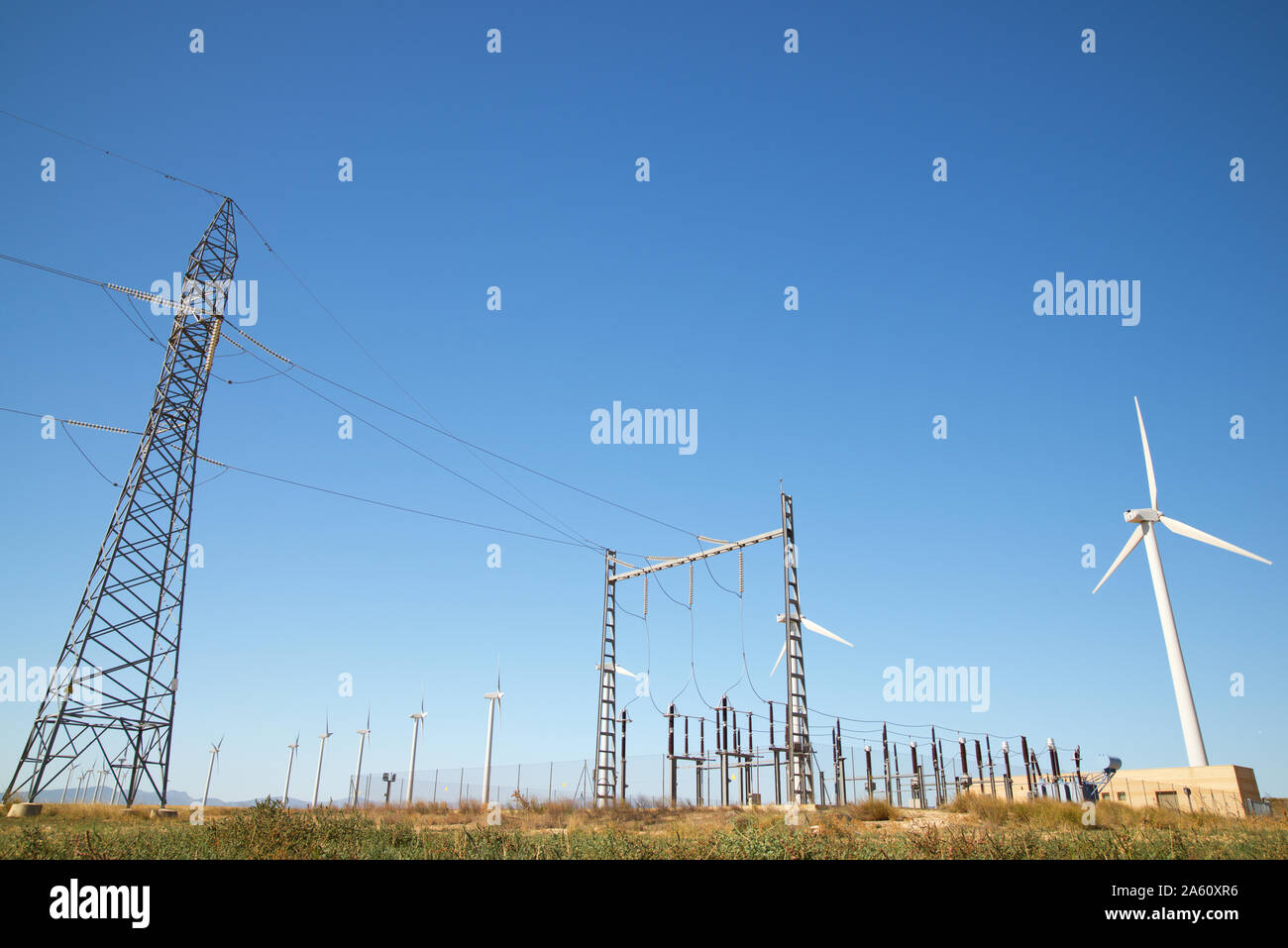 Windmills and electrical substation, Zaragoza province, Aragon, Spain ...
