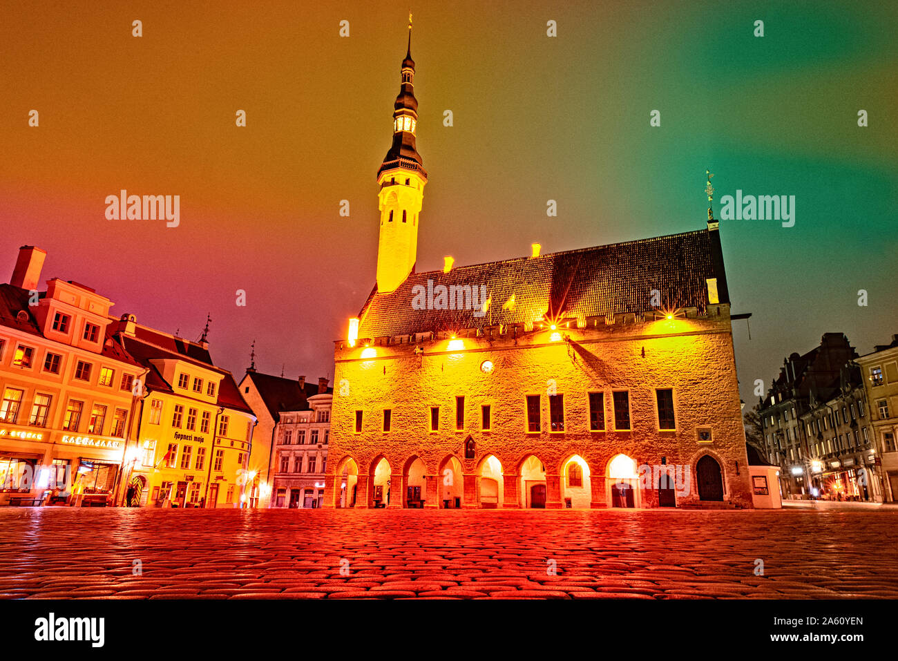 The city hall in the old town of Tallinn in Estonia at night Stock ...