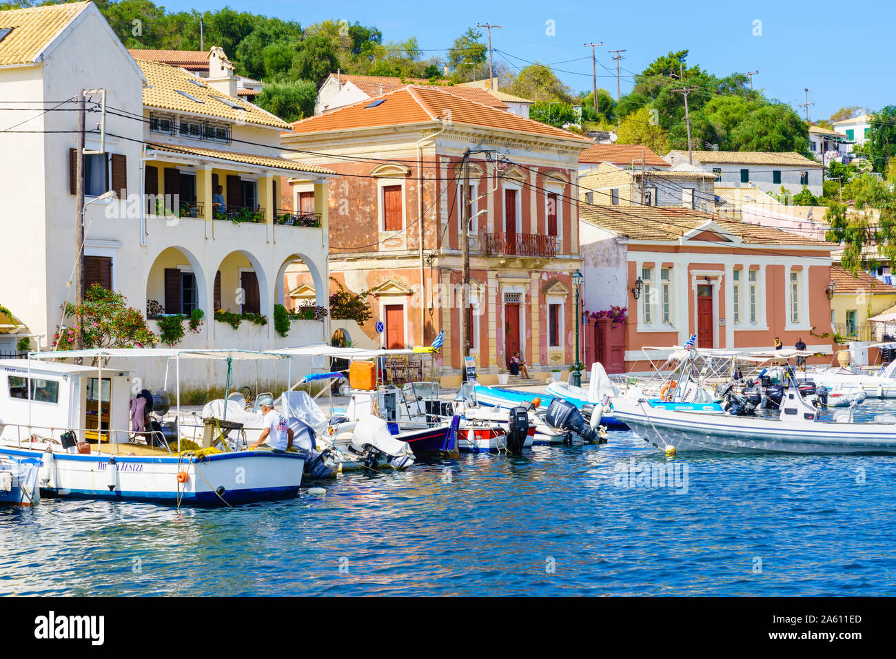 The pretty town of Gaios, the main port and harbour on the island ...
