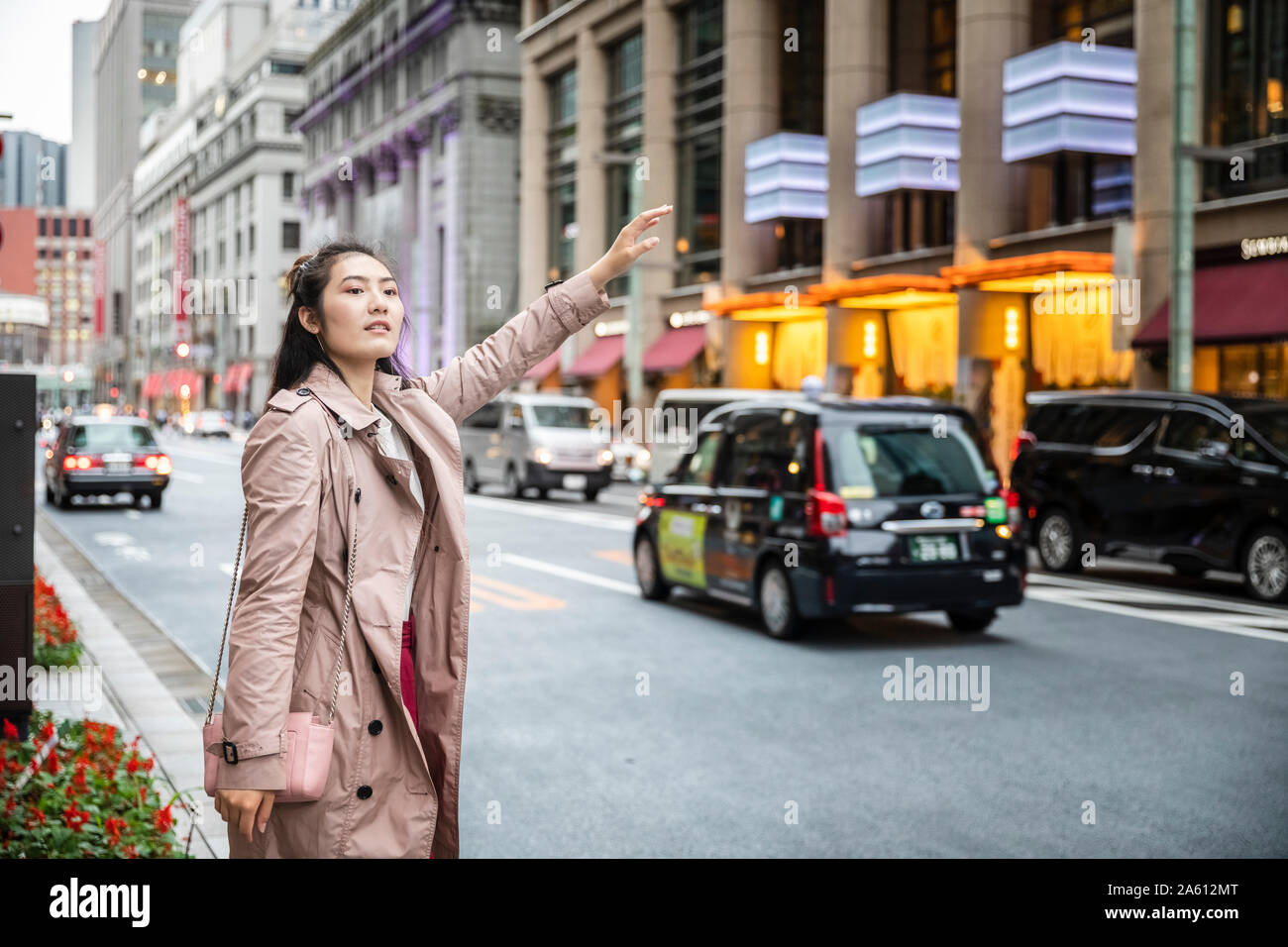 Young woman hailing a taxi at a street in Ginza, Tokyo, Japan Stock ...