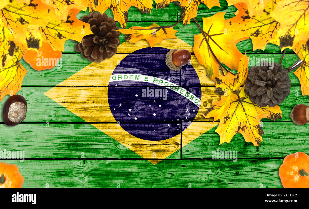 Brazil flag on autumn wooden background with leaves and good place for ...