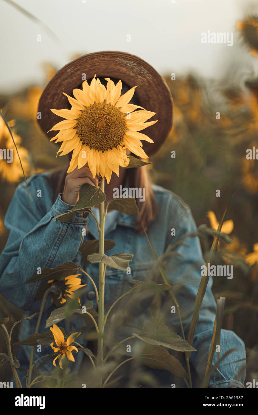 Young woman behind a sunflower Stock Photo - Alamy