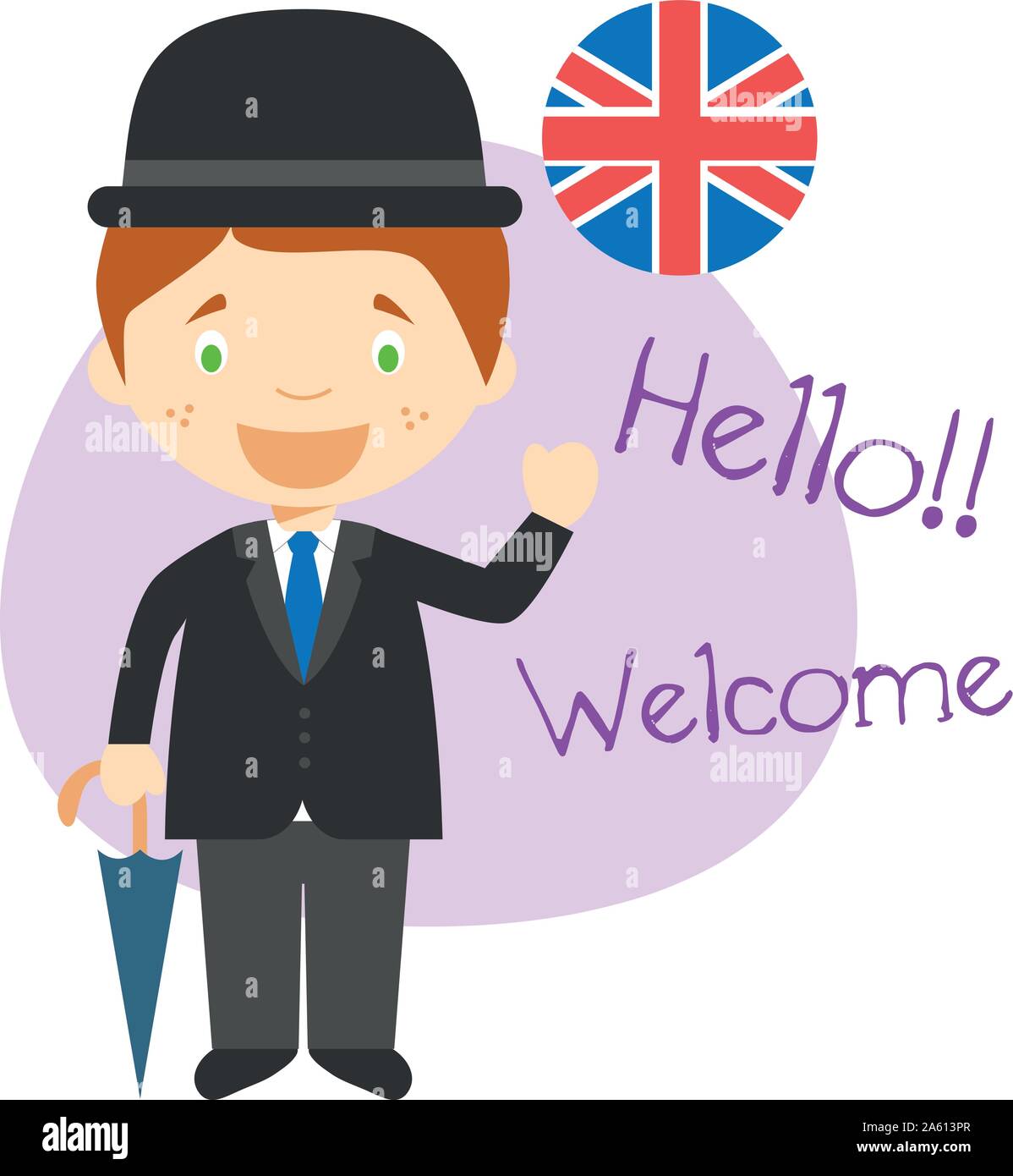 Vector illustration of cartoon characters saying hello and welcome in ...