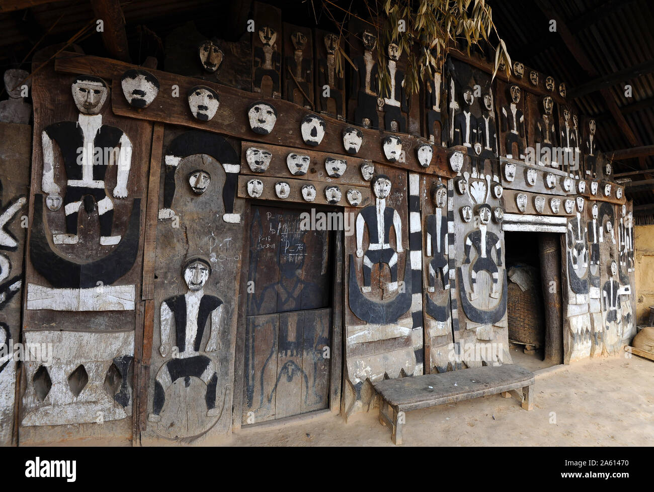 Traditional Naga village house front, decorated with tribal head ...