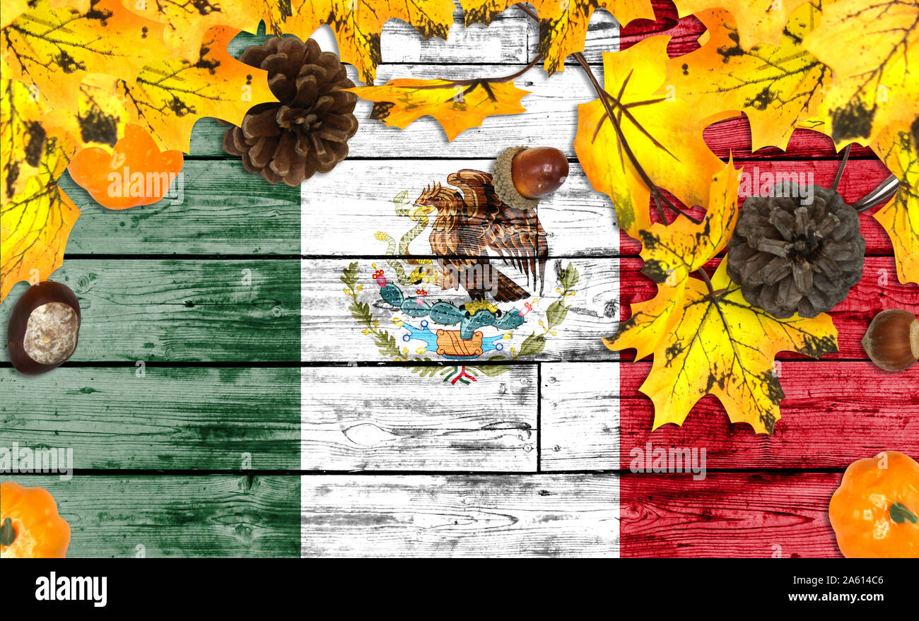 Mexico flag on autumn wooden background with leaves and good place for ...