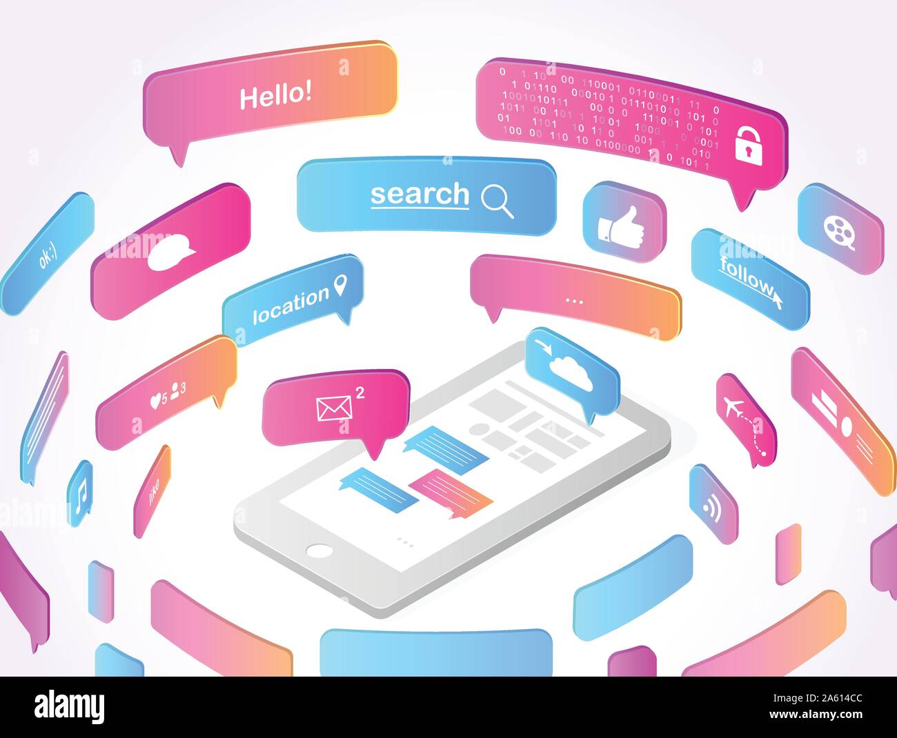 Social media isometric concept with smartphone for sending posts and ...