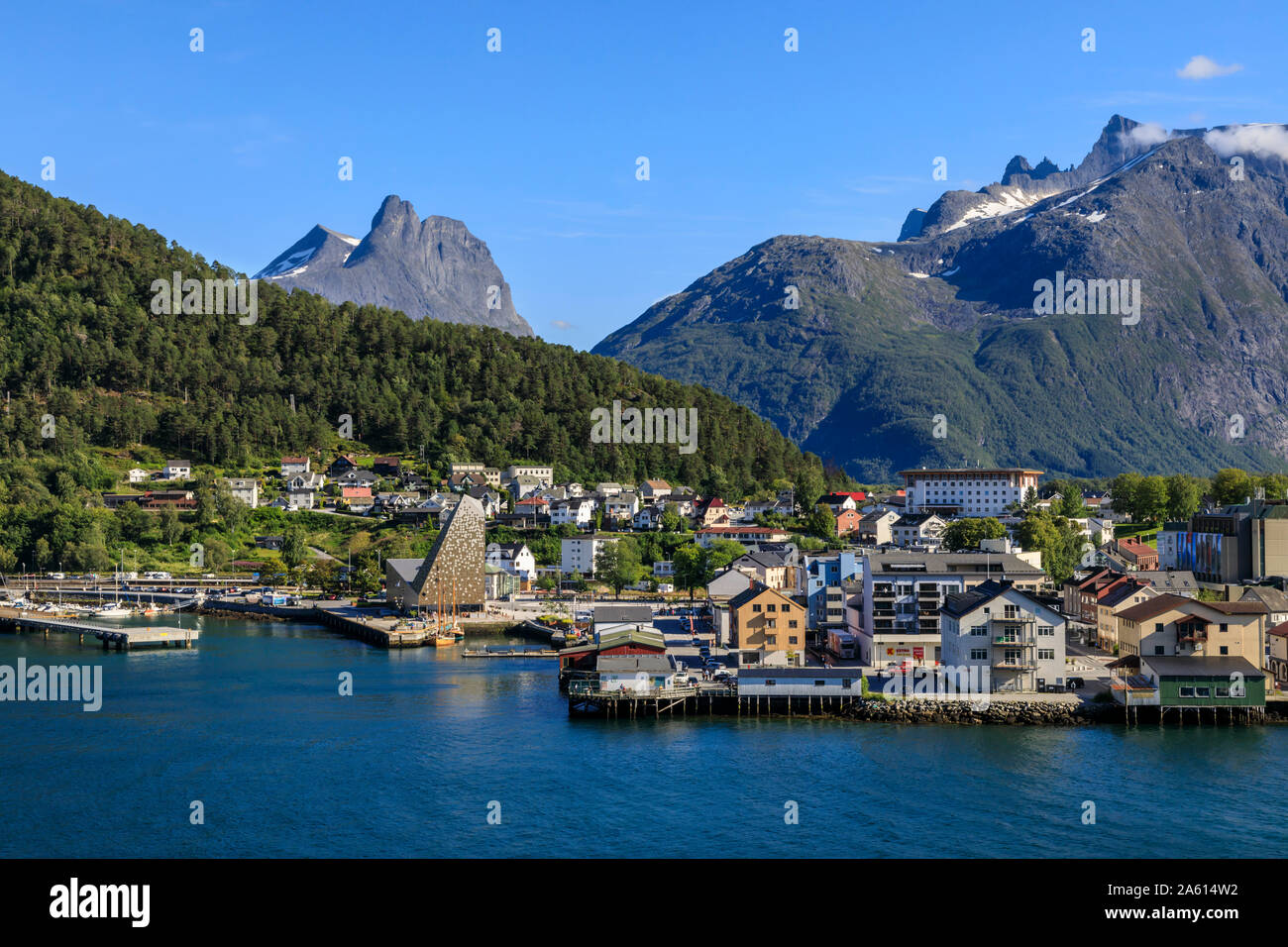 Andalsnes, town, mountains, elevated view from cruise ship on ...