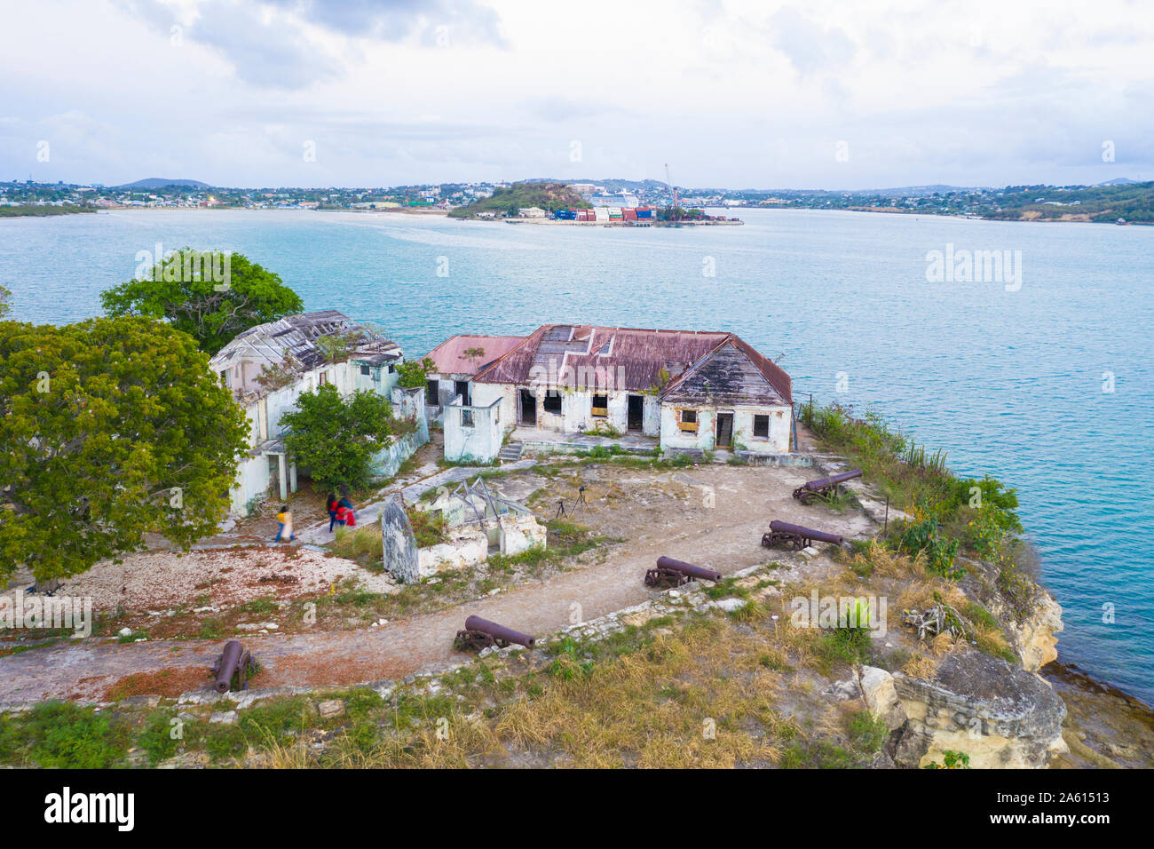 Aerial view of ruins of buildings at Fort James, St. John's, Antigua ...
