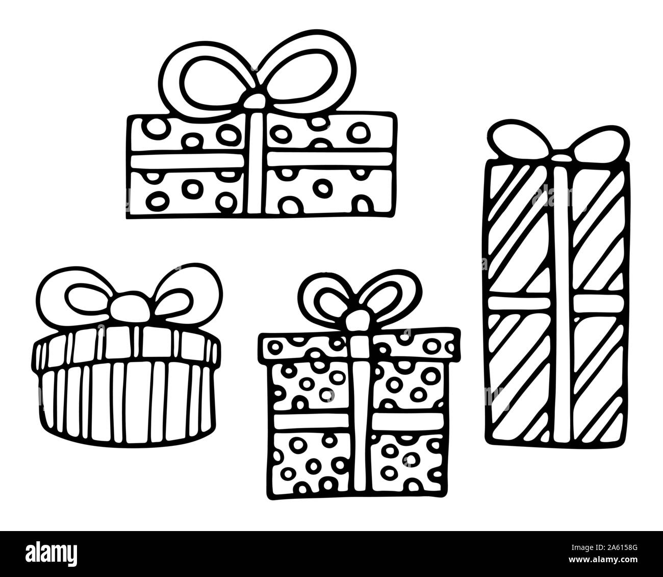 Vector hand drawn outline illustration of Christmas gift boxes set ...