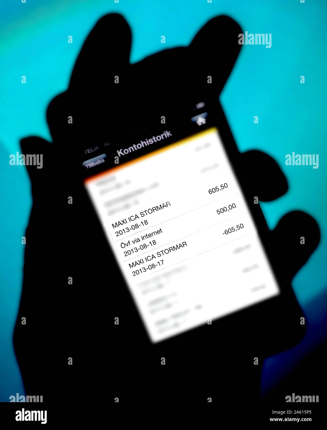 Image on mobile phone with bank statement from Swedbank.Photo Jeppe ...