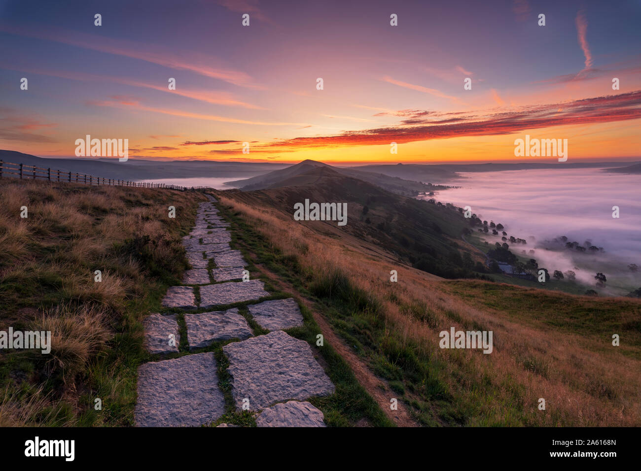 Cloud inversion with path leading to Lose Hill from Mam Tor, Derbyshire Peak District, Hope ...