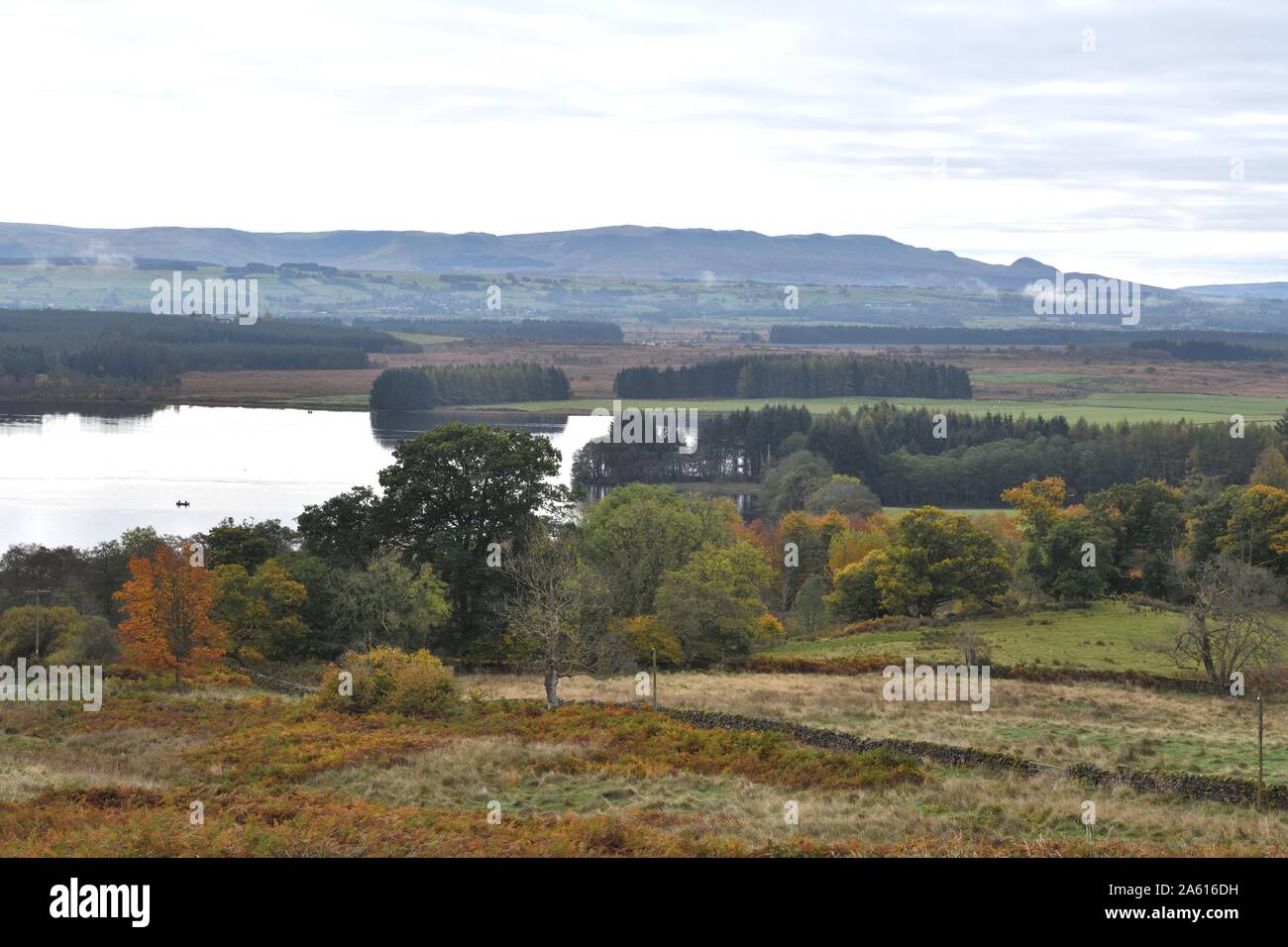 View southwest over the Lake of Menteith fishery towards the Campsie ...