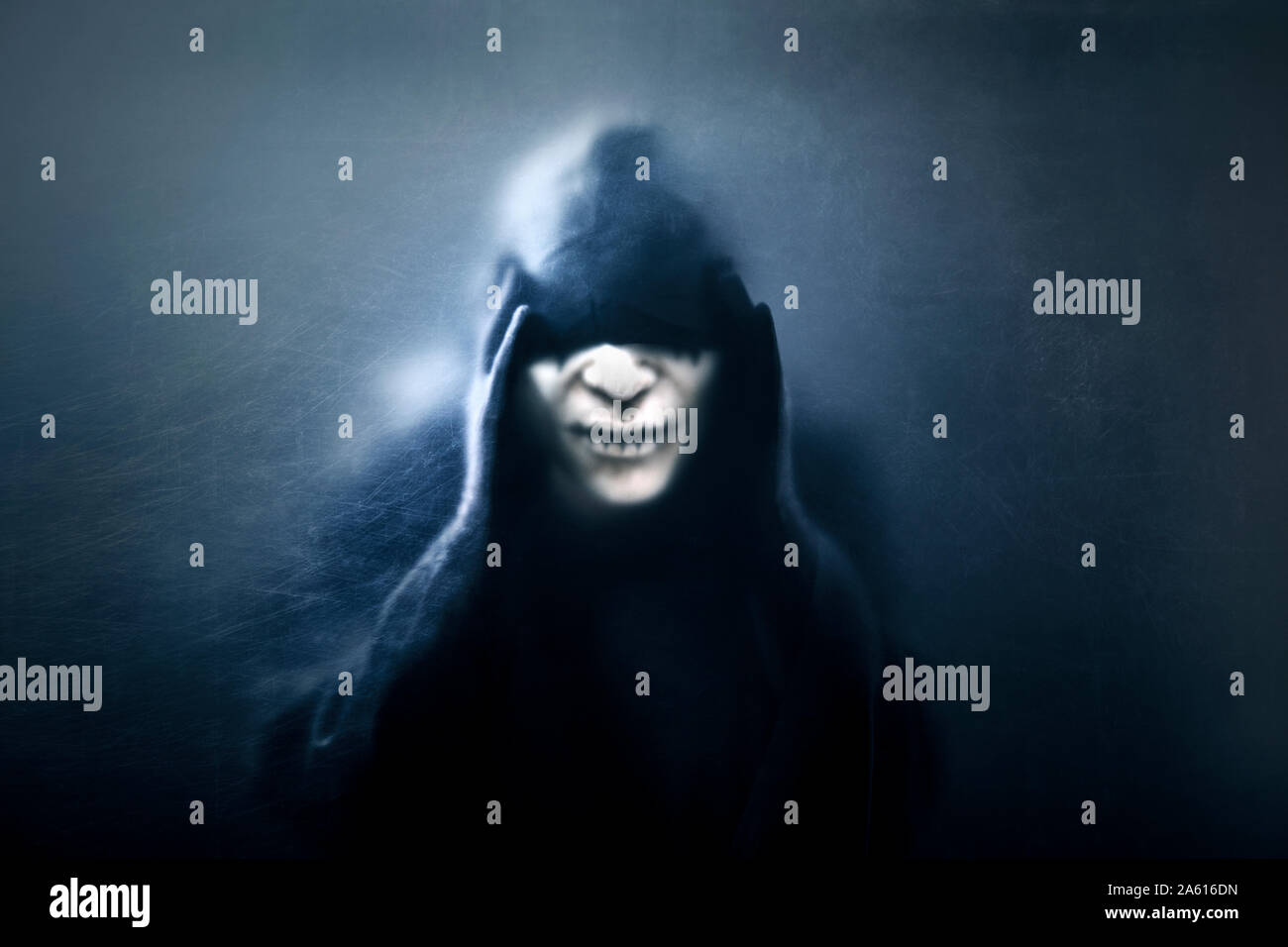 Ghostly figure behind a dusty scratched glass. Scary figure with mask ...