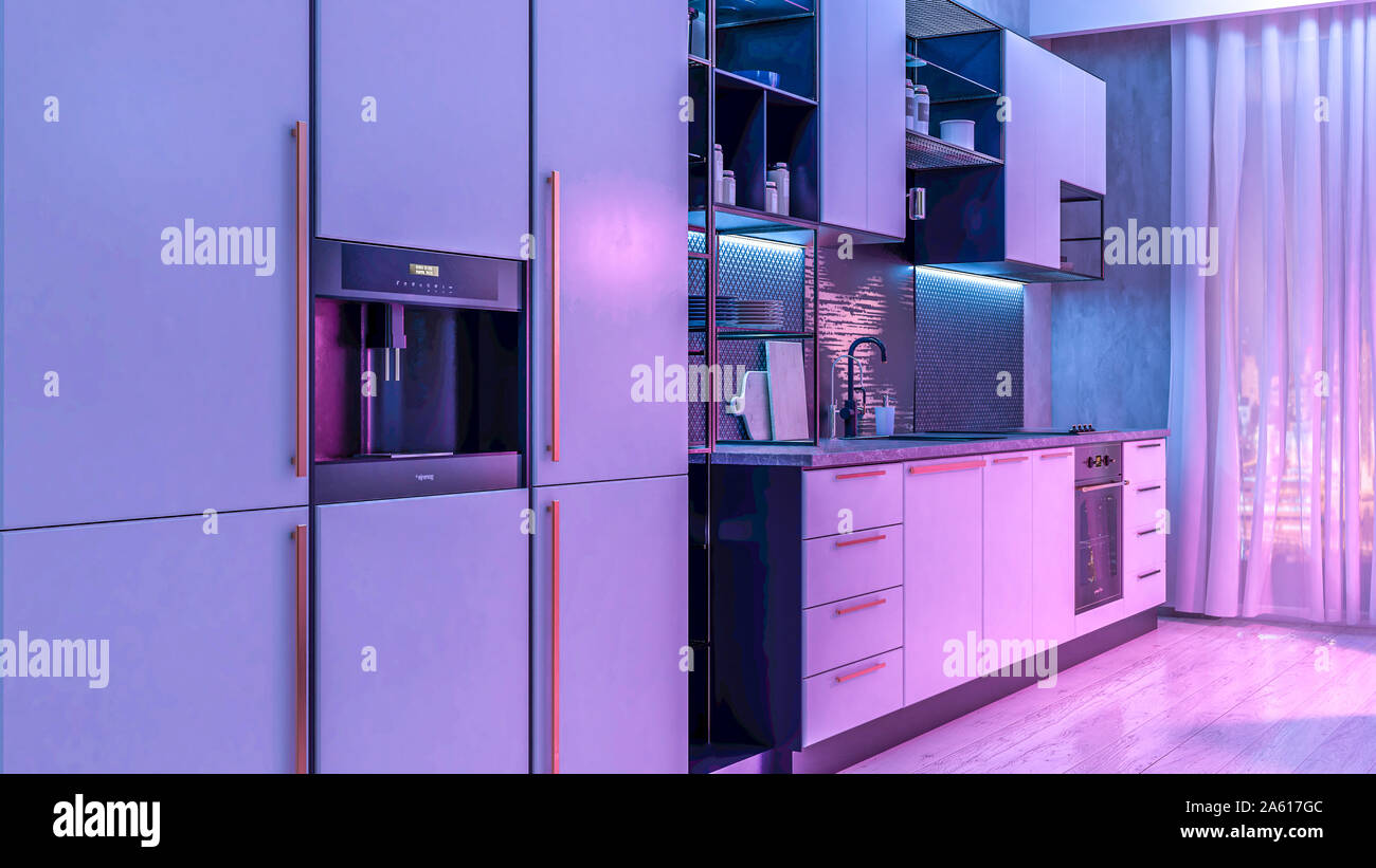 Multi-colored interior lights in kitchen and living room Stock Photo ...