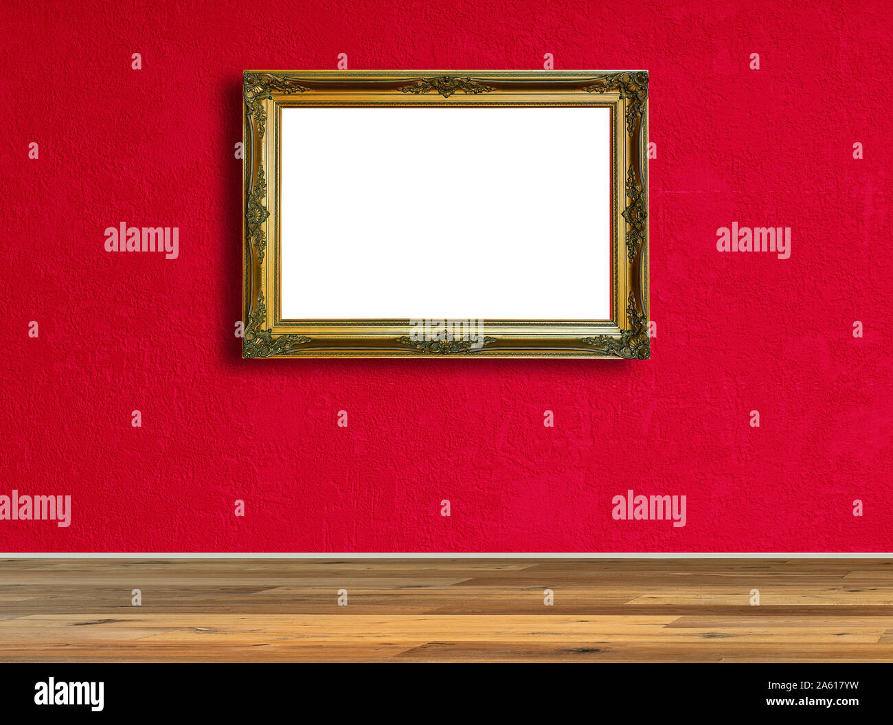 Ancient golden frame on red wall in Empty interior with wooden hardwood ...