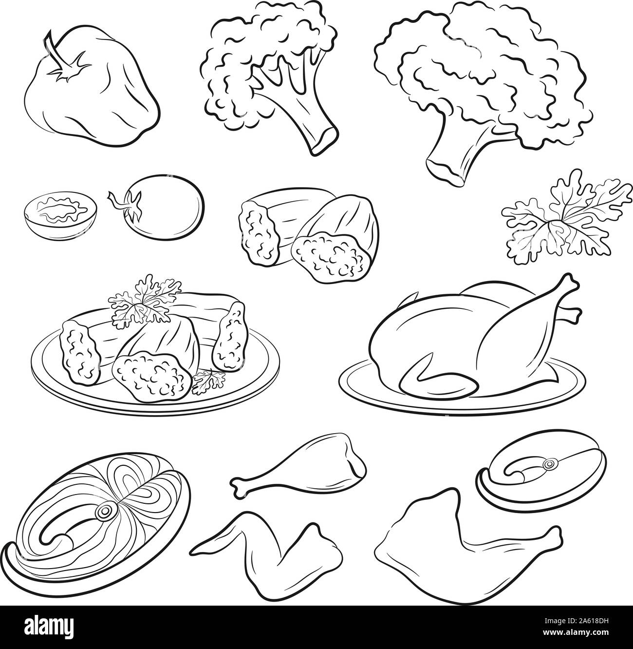 Set of Food Pictograms, Fried Chicken, Vegetables, Stuffed Peppers ...