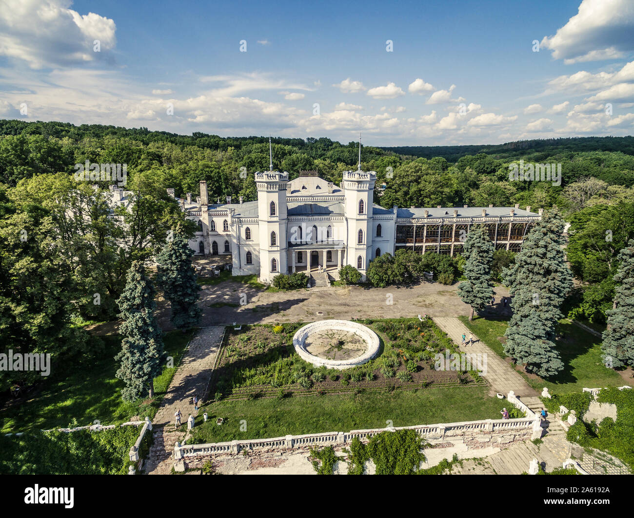 beautiful aerial view on White Swan palace and yard in Sharivka park ...