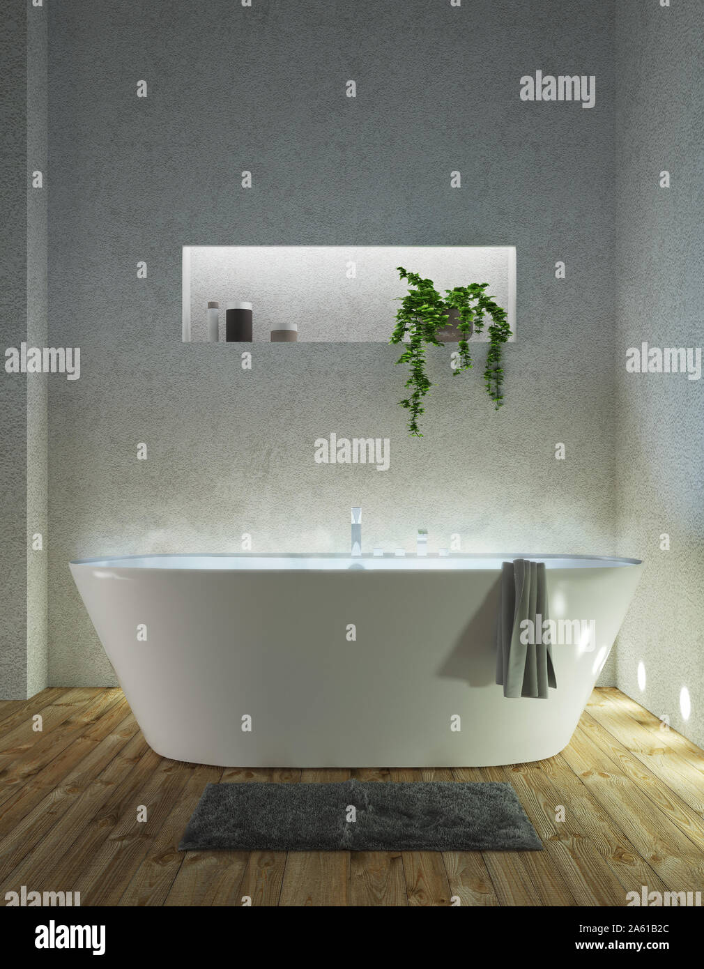 Modern bathroom with bathtub, luxury apartment. 3d rendering Stock ...