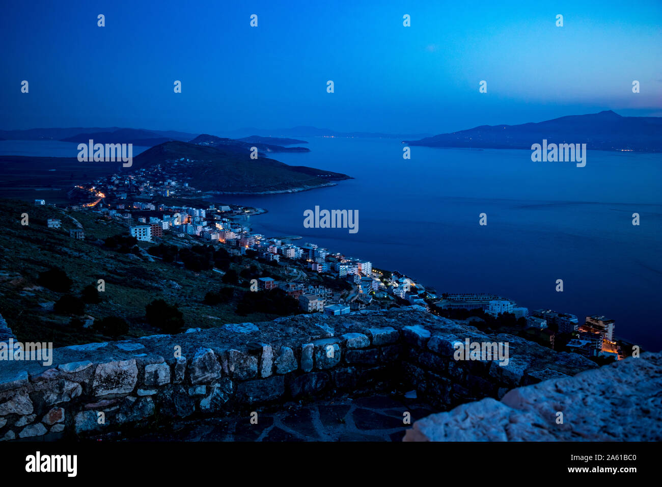 Early night landscape from Lekuresi Castle, Saranda, Albania with ...