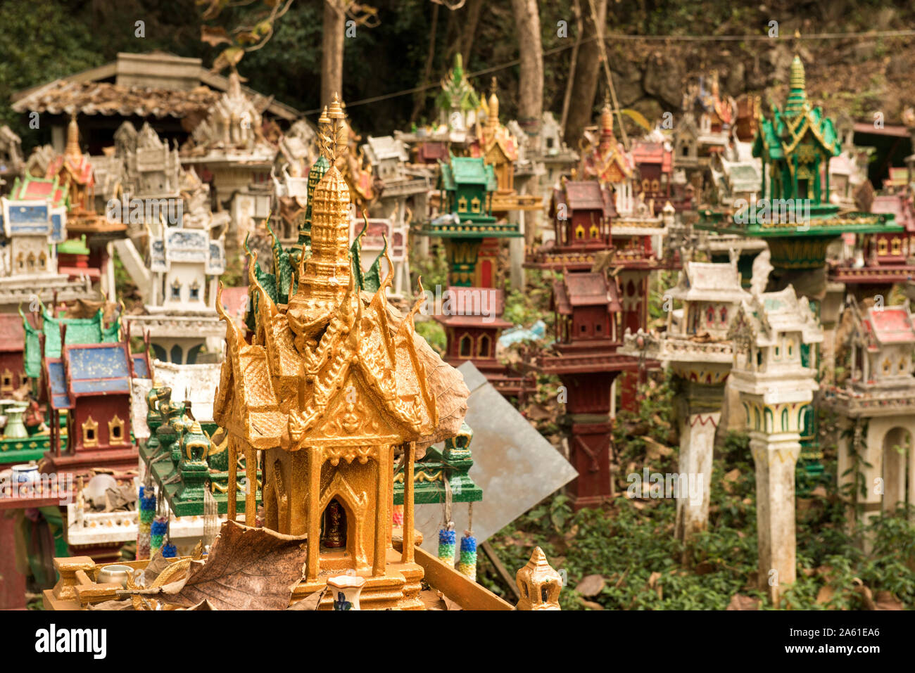 Miniature shrines and spirit houses at Chao Por Pratu Pha Shrine in ...