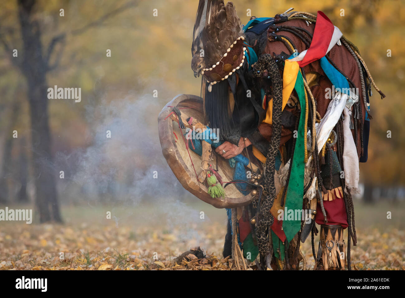 Mongolian traditional shaman performing a traditional shamanistic ...