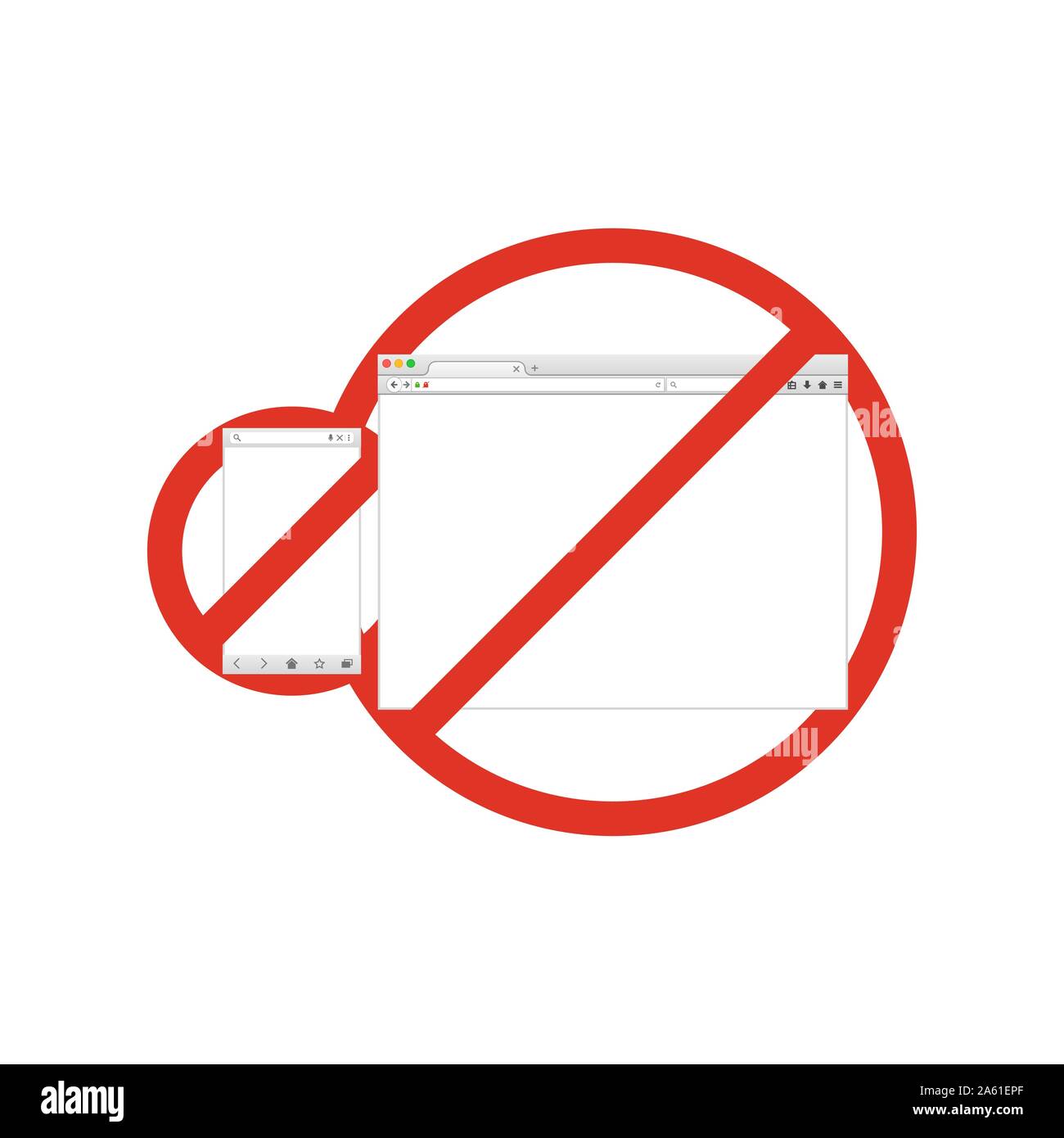 Mobile and desktop browser windows in prohibition sign. Browser banned ...