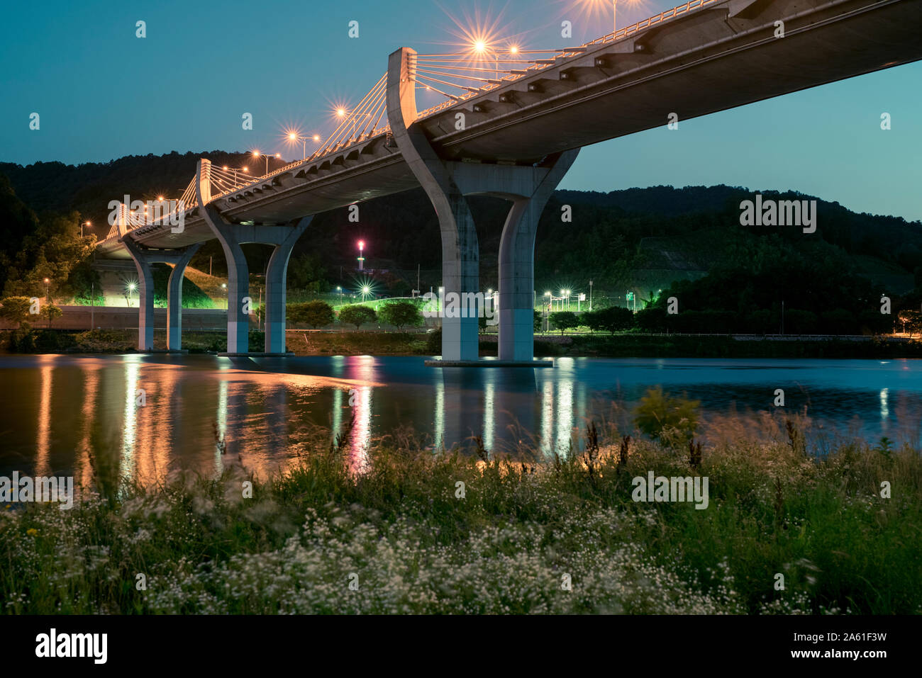 A tranquil night view of the illuminated bridge spanning the Namhan ...