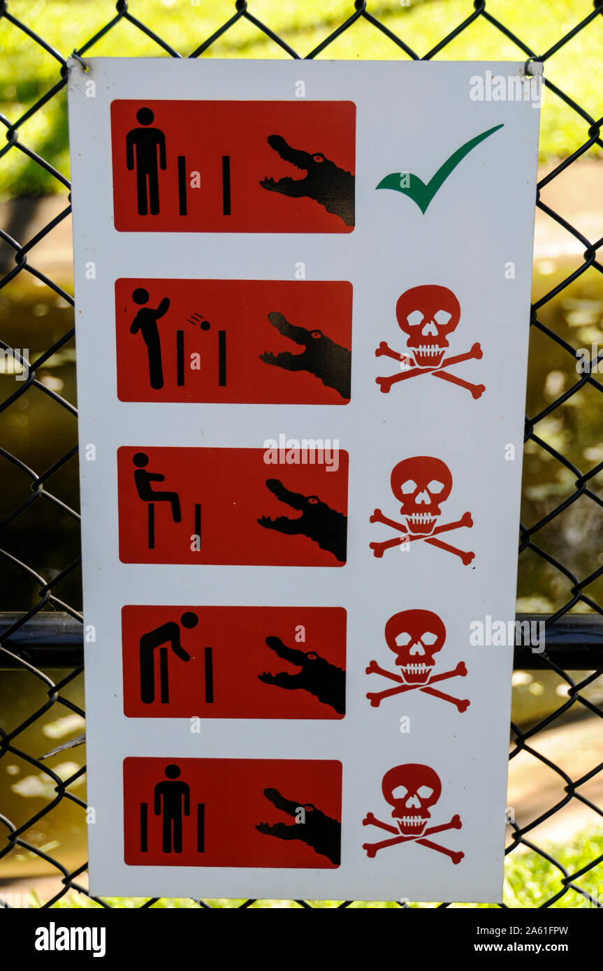 Danger warning signs around the crocodile enclosures at the Australian ...