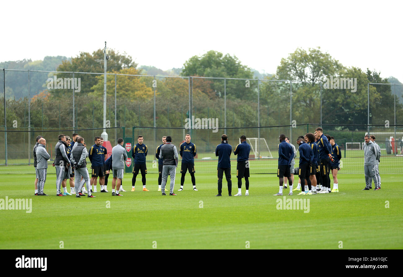Arsenal players and staff during the training session at London Colney ...