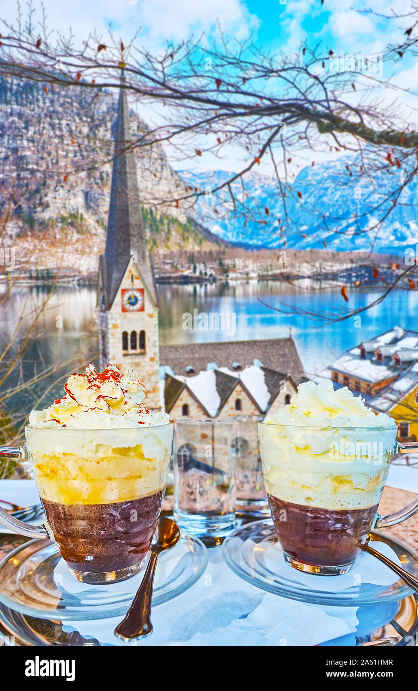 Two cups of Wiener Melange coffee drink (Viennese Blend) with whipped ...