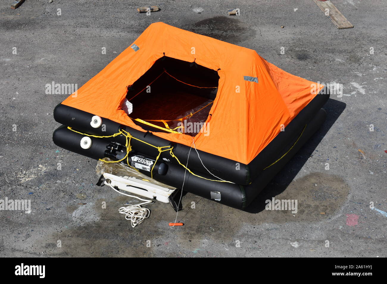 Inflated life raft on land Stock Photo - Alamy
