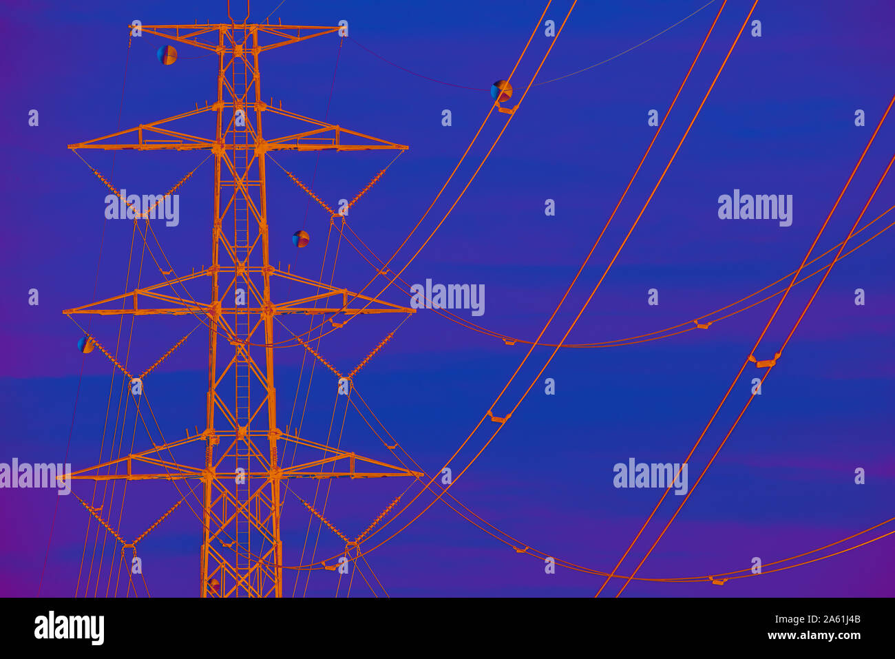 High voltage electricity tower with cables, colorized in blue tone ...