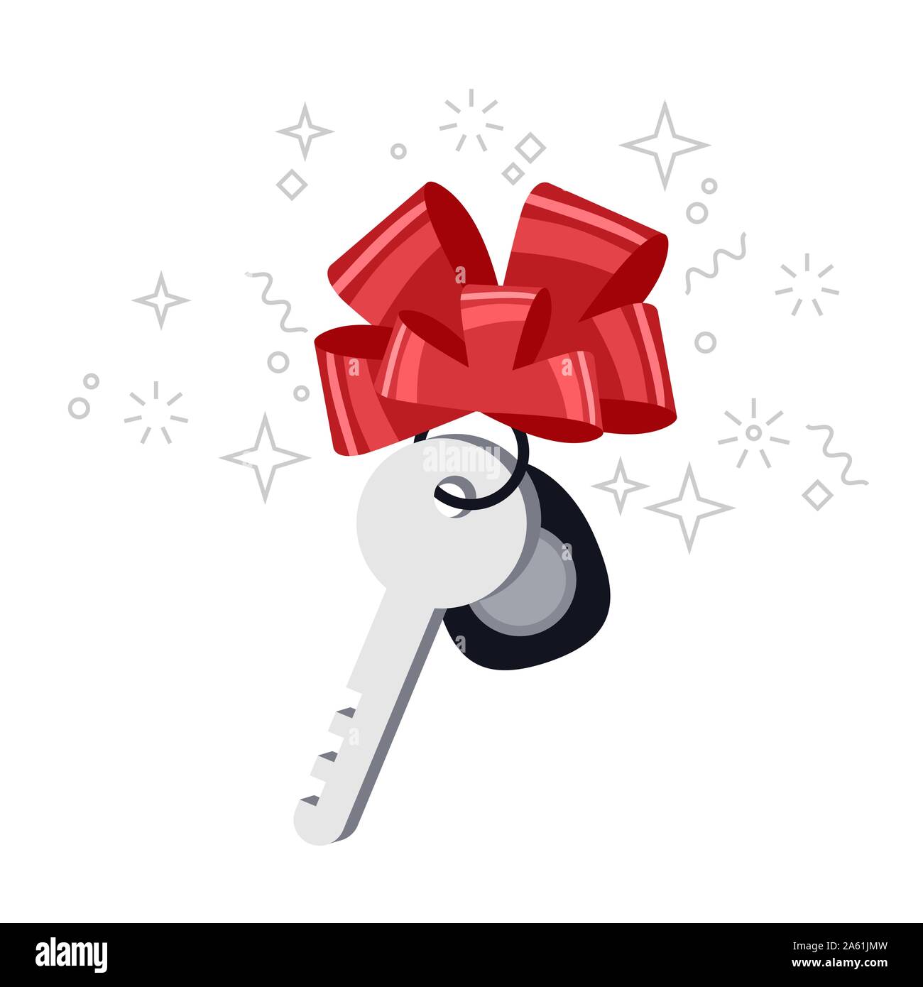 Vector flat illustration of car key wrapped with red ribbon. Present ...