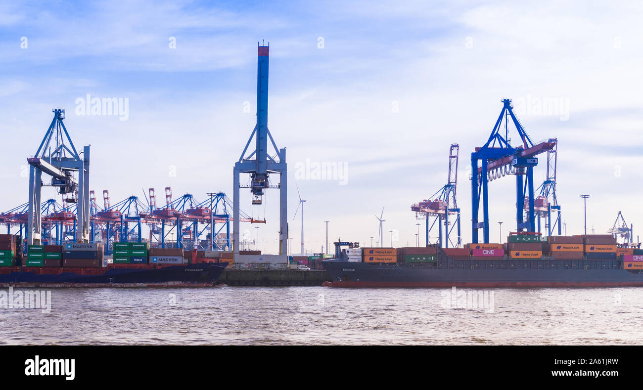 Hamburg, germany - February 2019 Hamburg harbor container terminal with ...