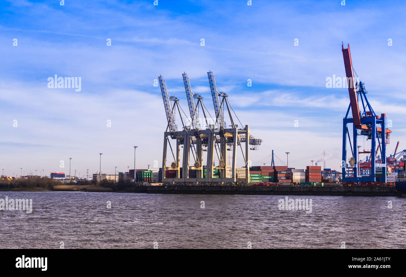 Hamburg, germany - February 2019 Hamburg harbor terminal with cranes ...