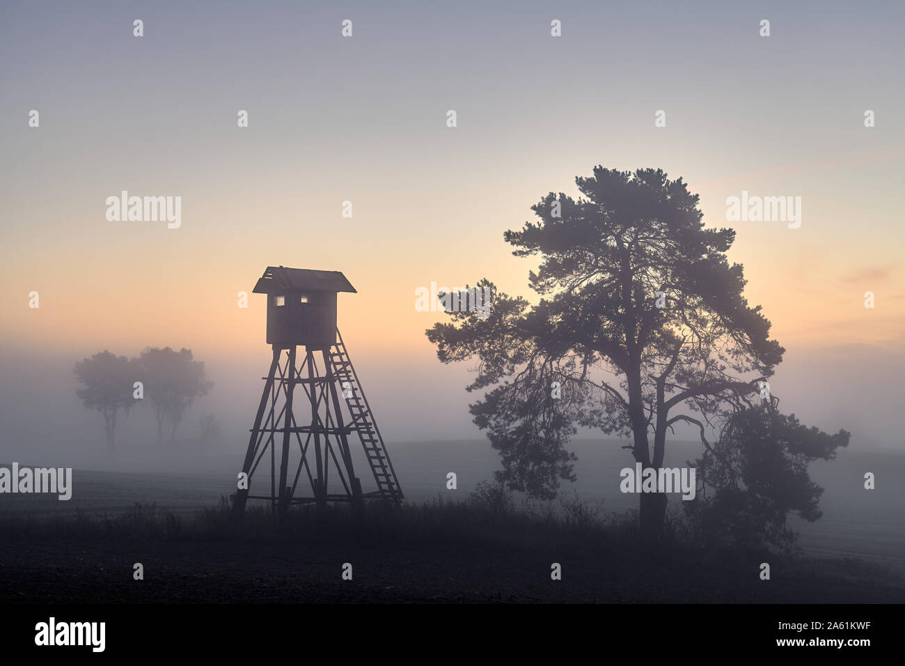 Deer hunting tower on a field in Autumn at dawn Stock Photo - Alamy