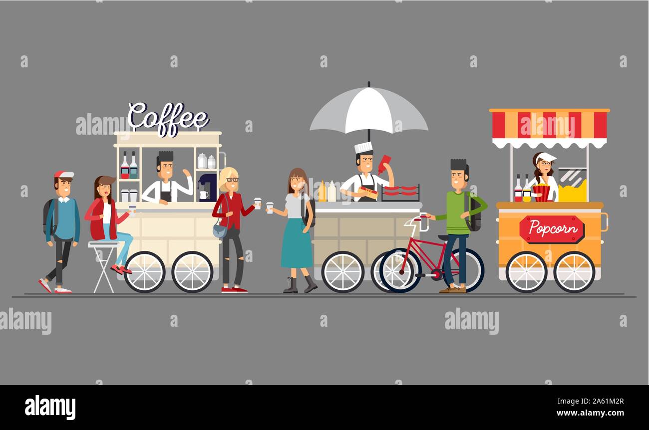 Creative detailed vector street coffee cart, popcorn and hotdog shop ...