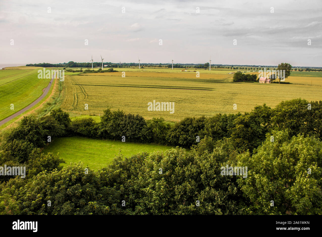 Cloudy weather, wind turbines and green grass, dike landscape in the ...