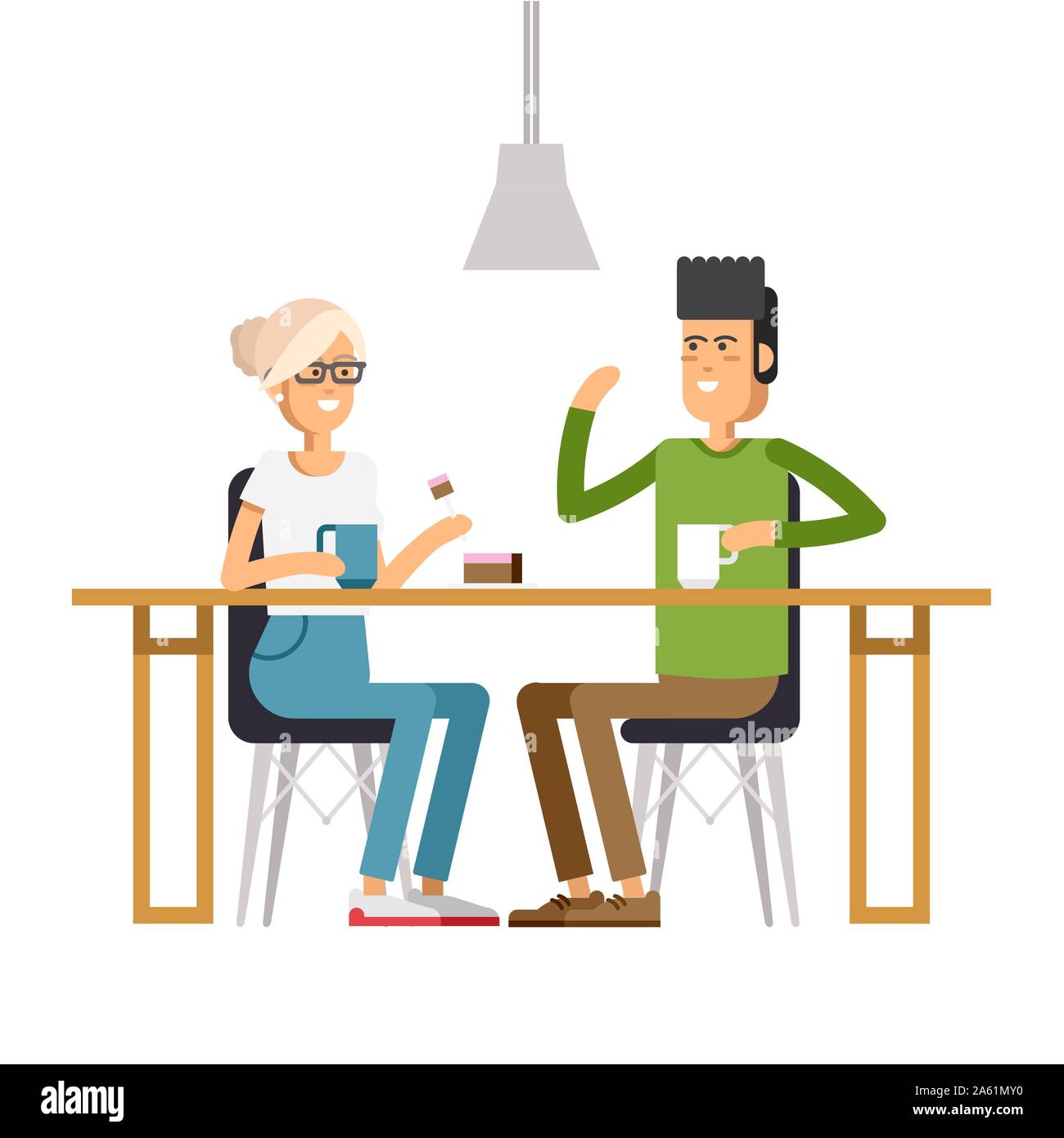 Vector flat illustration of two friend sitting at the coffee house ...