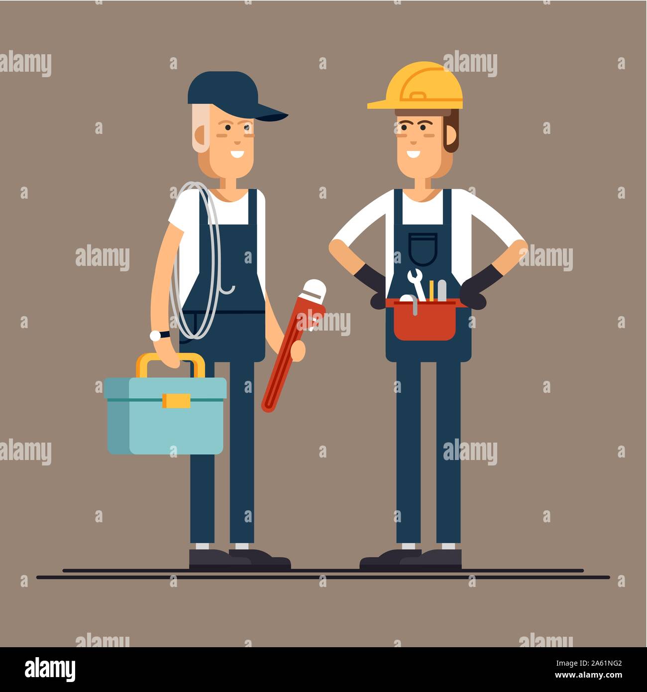 Couple plumber workers, male character standing holding tool box and ...
