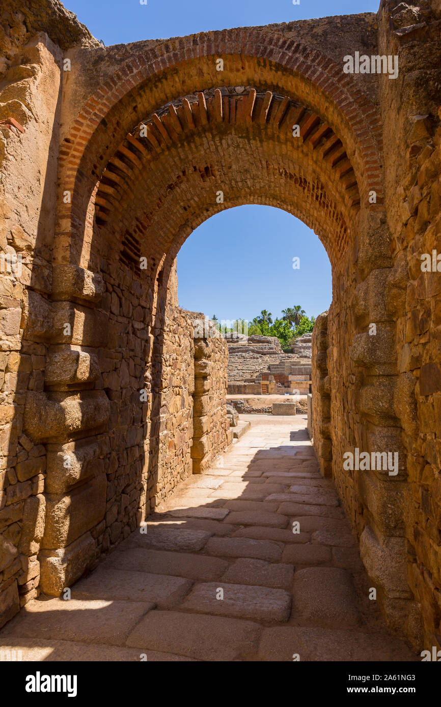 Exit gateway with arches of Roman Amphitheater, at the huge ...