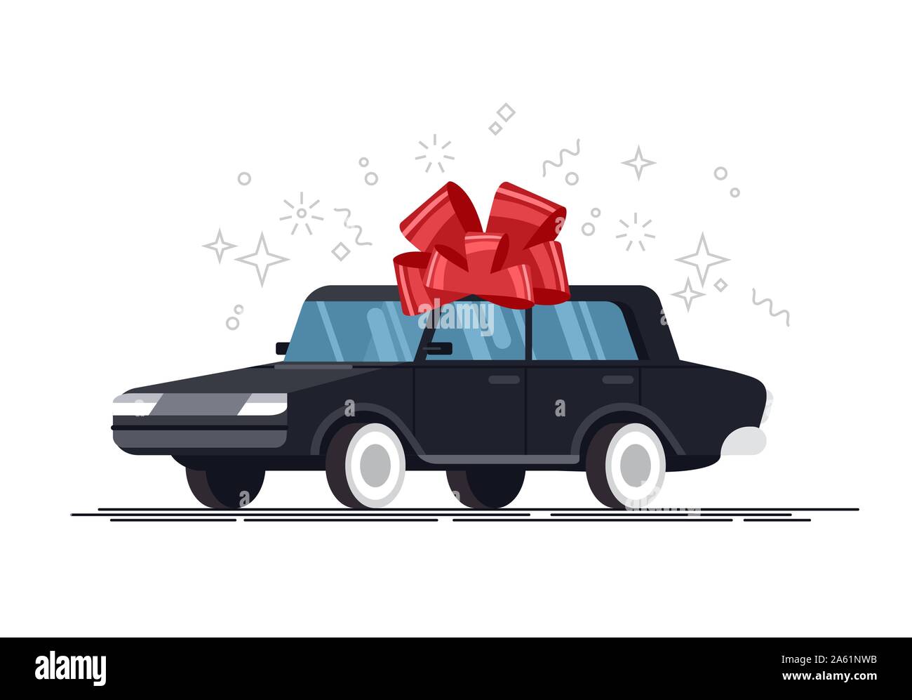 Cool flat illustration gift balck car with red bow. Present car Stock ...
