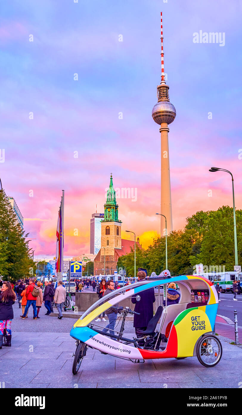 BERLIN, GERMANY - OCTOBER 3, 2019: The small personal cycle rickshaw ...