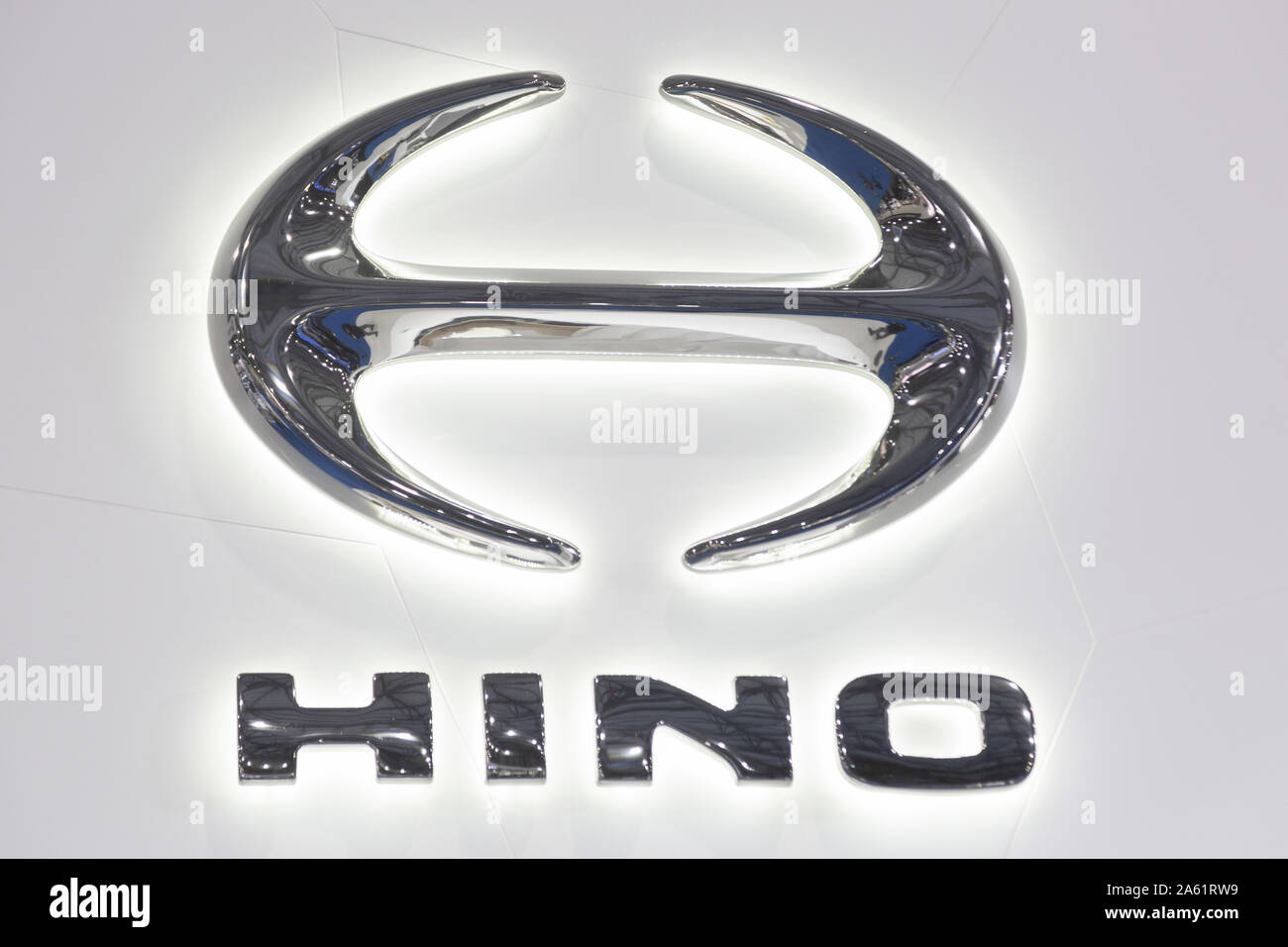 Tokyo, Japan. 23rd Oct, 2019. A logo of Hino is seen during a press ...